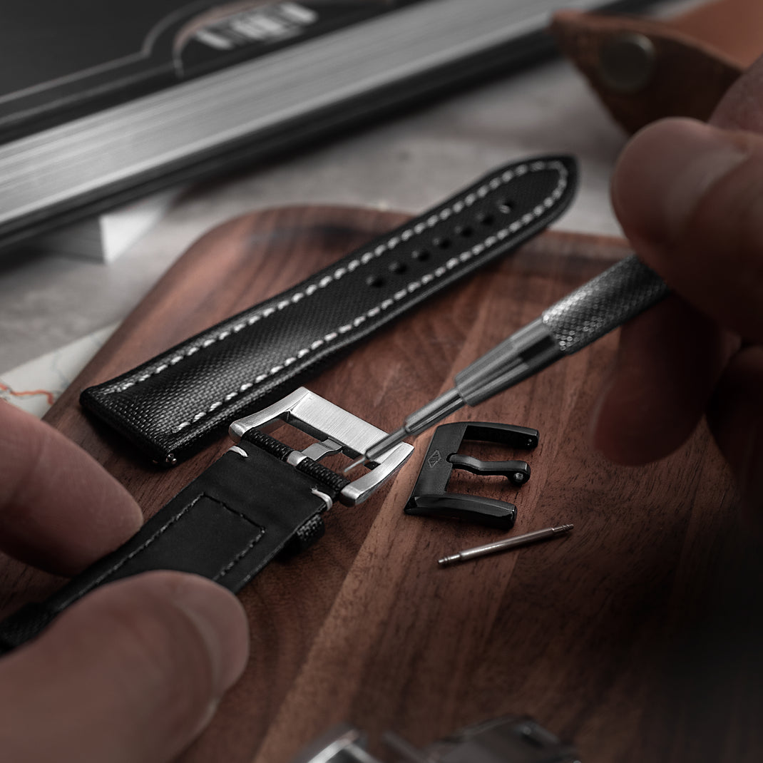 Classic | Black Sailcloth Watch Strap with White Stitching – Artem Straps