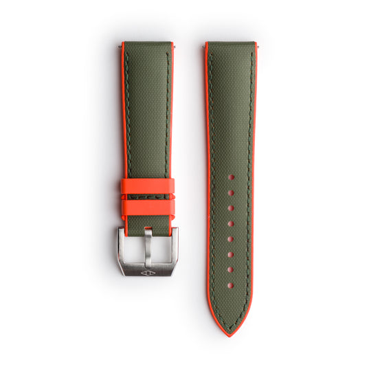 HydroFlex™ Khaki Green & Orange Hybrid FKM Watch Strap With Green Stit ...